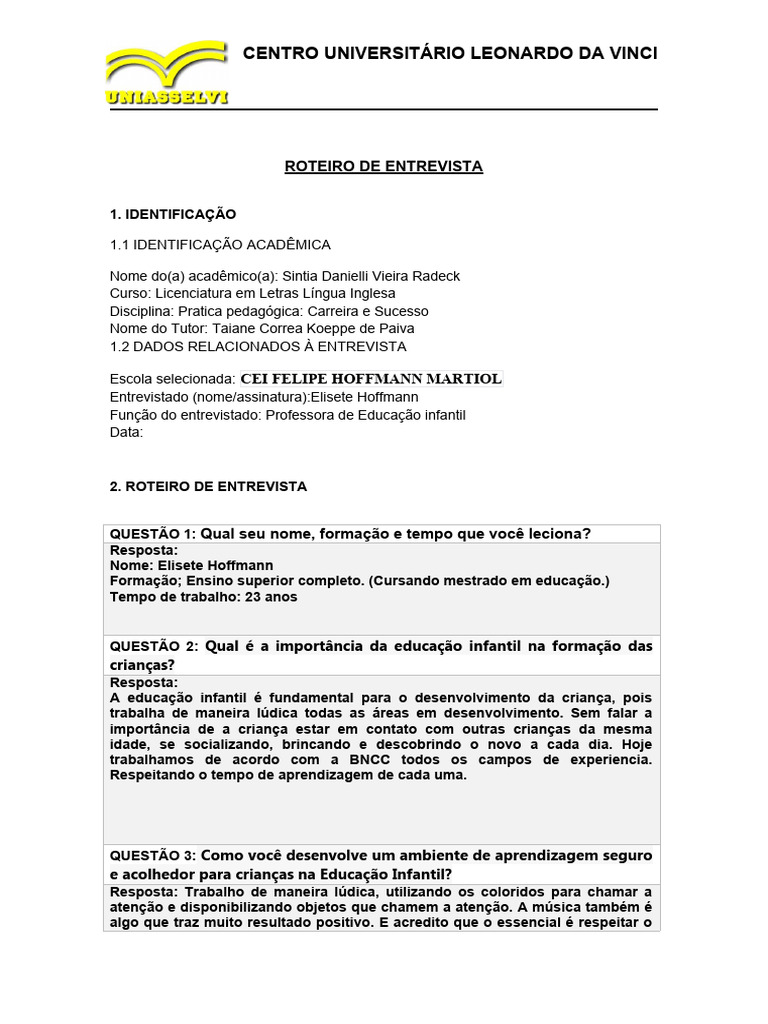 MODELO DE ROTEIRO DE ENTREVISTA Pronto | PDF | Pré-escola | Amor