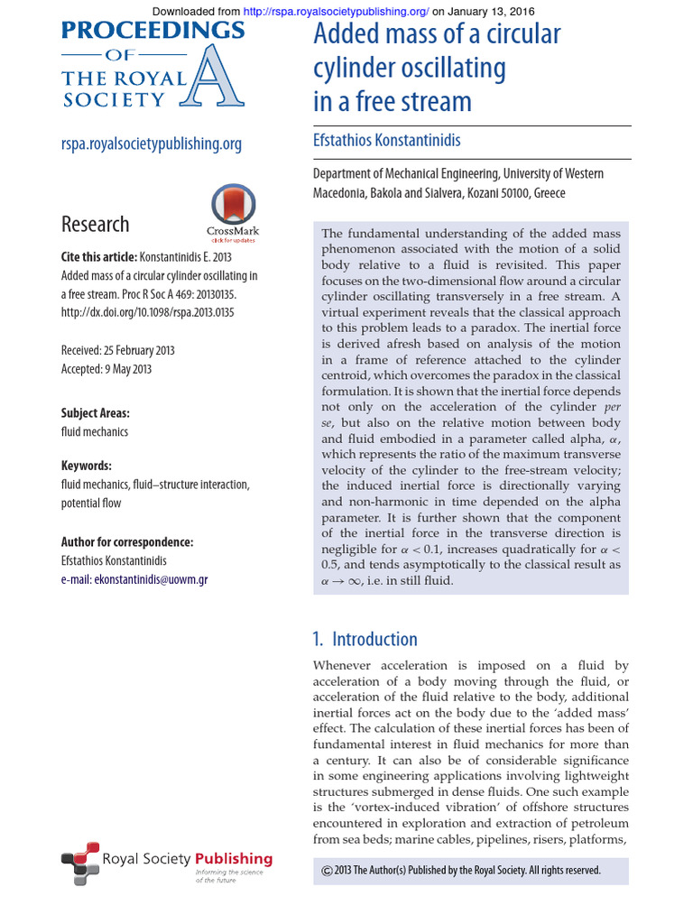 Added Mass of A Circular Cylinder Oscillating in A Free Stream | Download Free PDF | Mass | Velocity