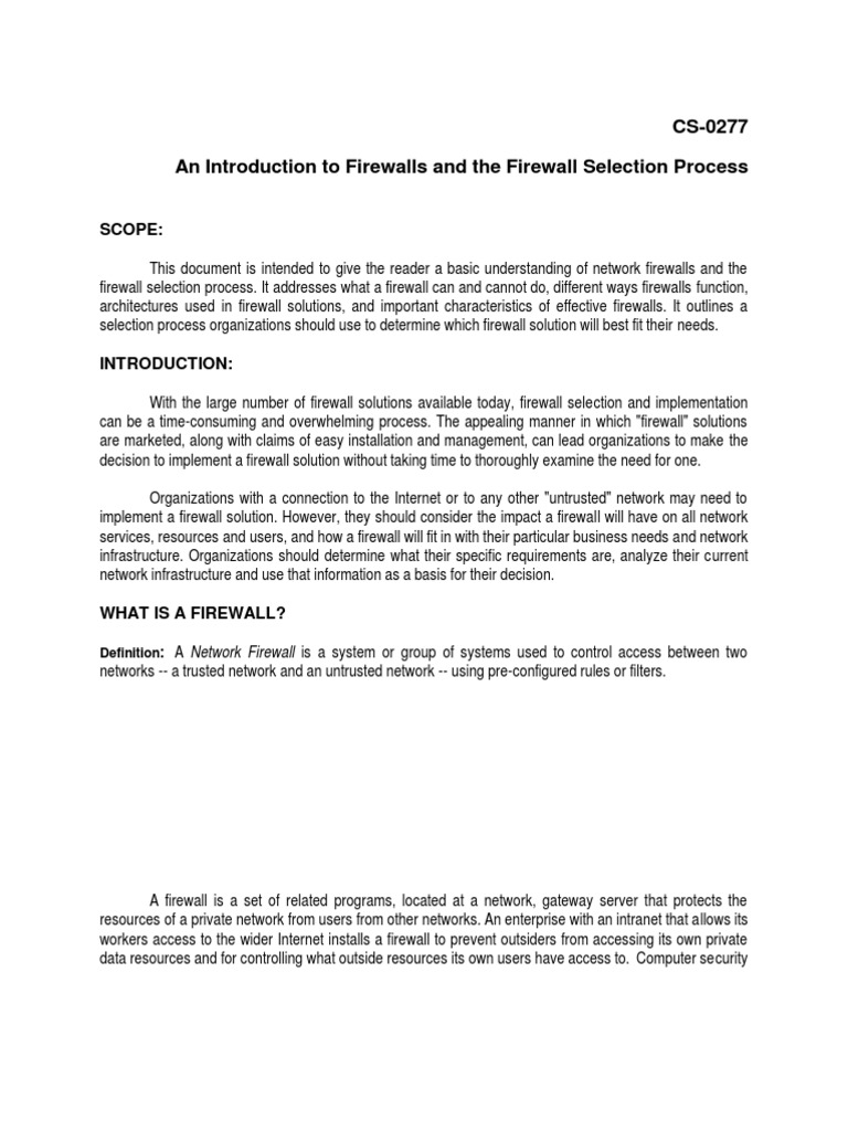 An Introduction To Firewalls and The Firewall Selection Process | PDF | Firewall (Computing ...