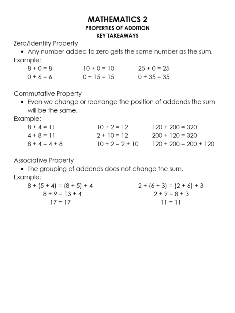 Mathematics 2 - Properties of Addition | PDF | Mathematical Analysis ...