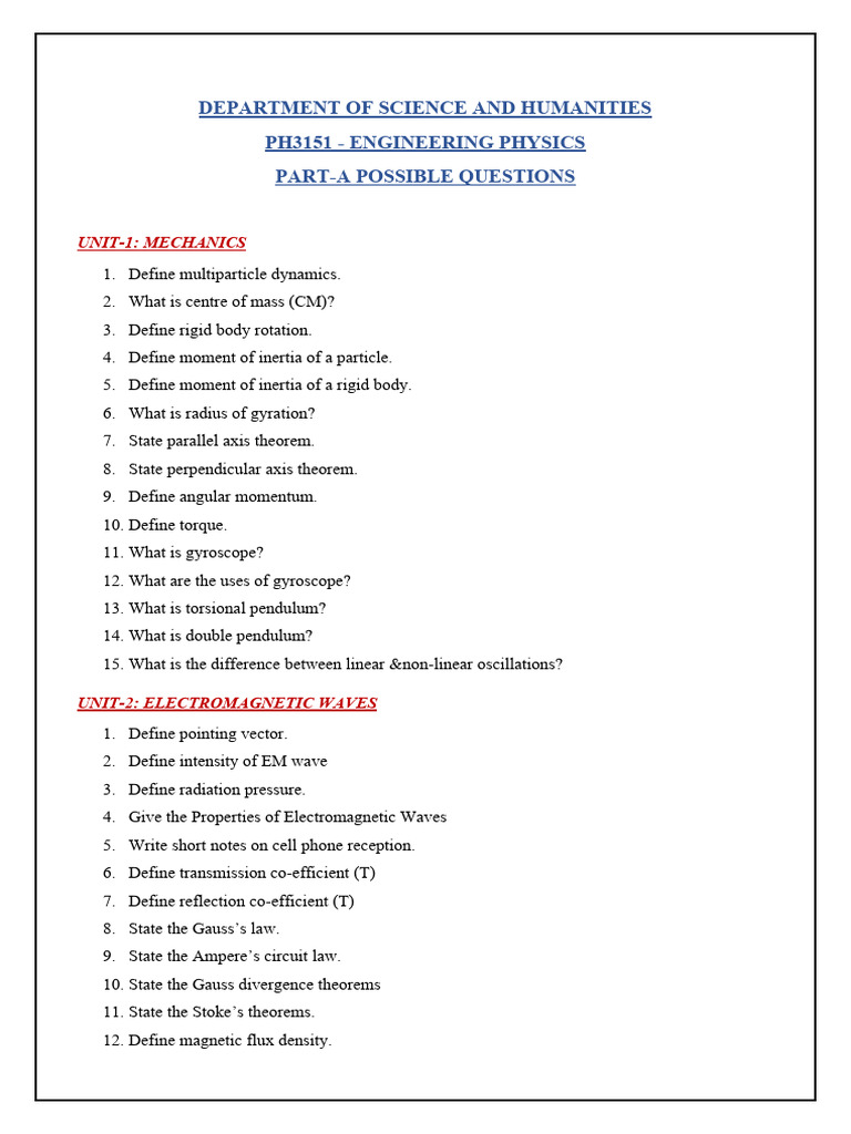 PH3151 - Part-A Possible Questions | PDF | Rotation Around A Fixed Axis | Waves