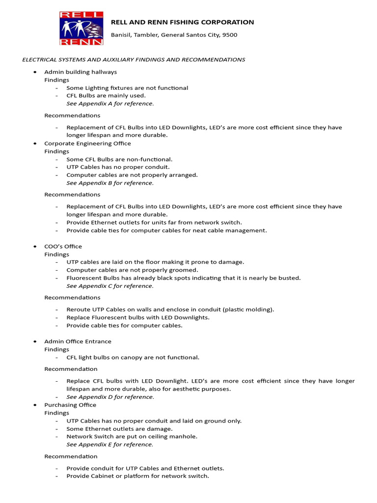 Findings and Recommendation Electrical and Auxiliary | PDF | Compact Fluorescent Lamp | Electricity