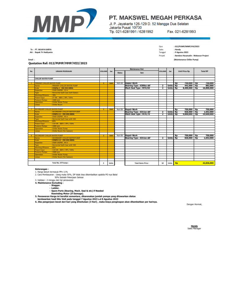 Quotation Maintenance Chiller Pump Airport Makassa - 231005 - 104526 | PDF