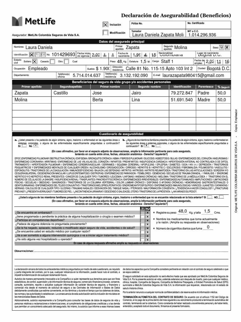 DECLARACIÓN DE ASEGURABILIDAD (BENEFICIOS) 2019 - Editable-1-A | PDF | Estadísticas medicas ...