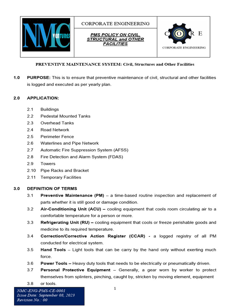 PMS - Civil, Structures and Other Facilities | PDF | Roof | Plumbing