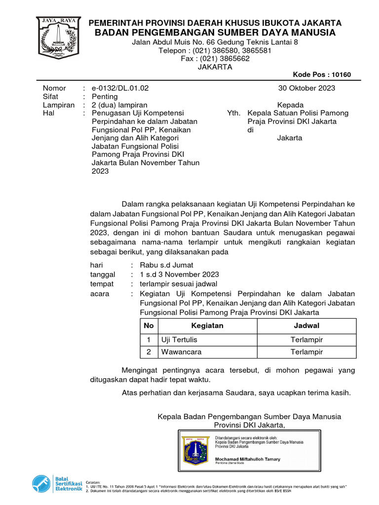 E-0132 Draft Surat Penugasan Peserta Ukom Satpol PP - Nov 2023 (2) - Rev2 - Sign | PDF