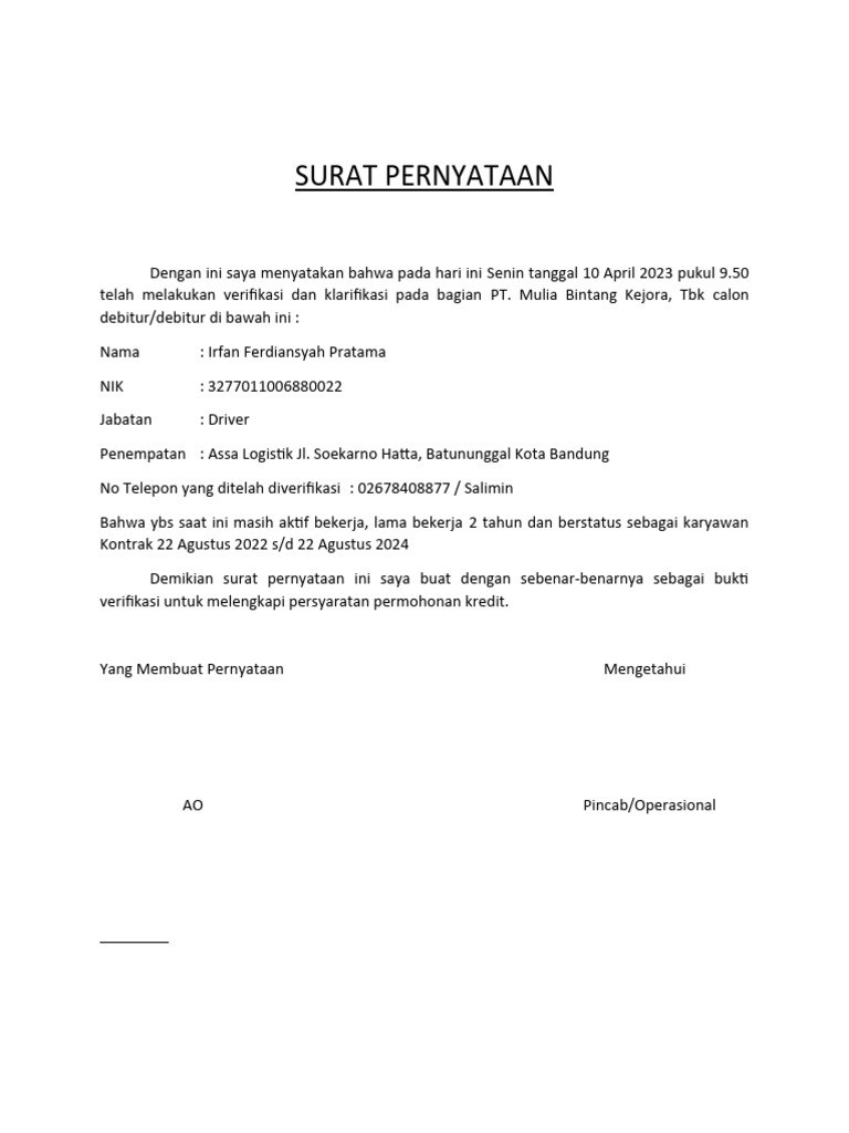 Surat Pernyataan HRD | PDF | Karier & Perkembangan | Bisnis