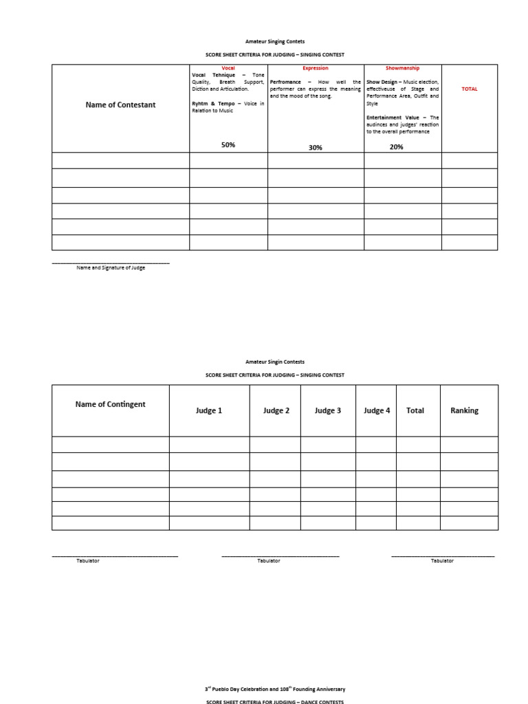 Amateur Singing Contest Judging Criteria | PDF | Singing | Entertainment