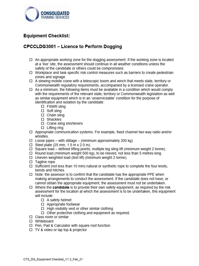 CTS - DG - Equipment Checklist For On Site Training - V1.3 - Feb - 21 | PDF
