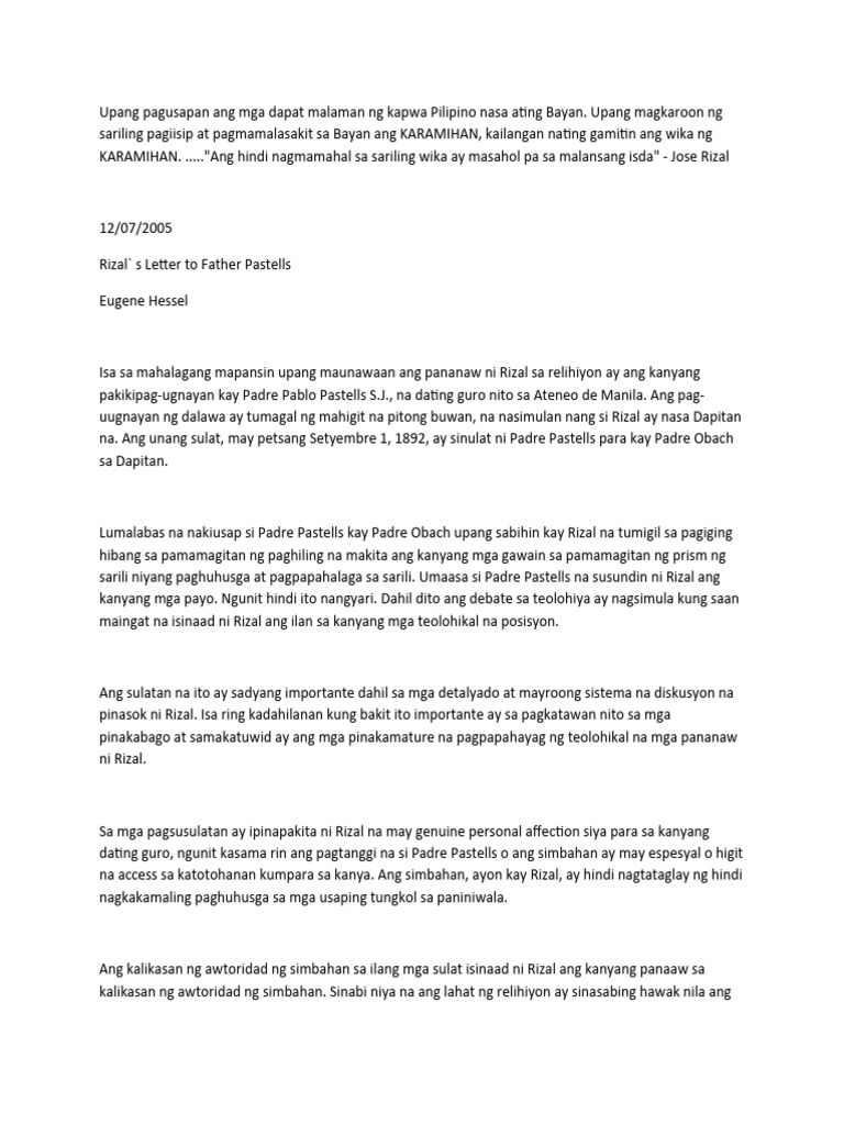 Rizal' S Letter To Father Pastells Eugene Hessel | PDF