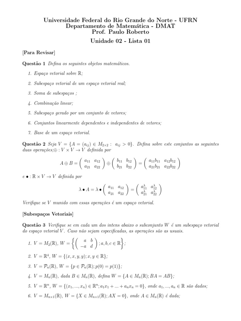 Unidade 1 - Lista 04 - Álgebra Linear - Espaços Vetoriais, Base e ...