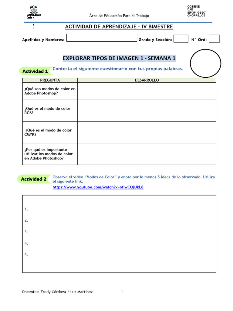Act Aprend 1 2do - Explorar Tipos de Imagen 1 en Adobe Photoshop | PDF | Adobe Photoshop
