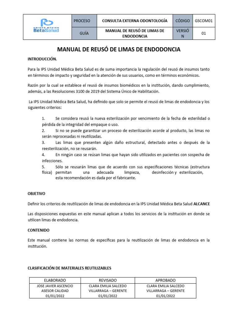 Gscom01 Manual de Reusó de Limas de Endodoncia | PDF | Esterilización (Microbiología) | Medicina