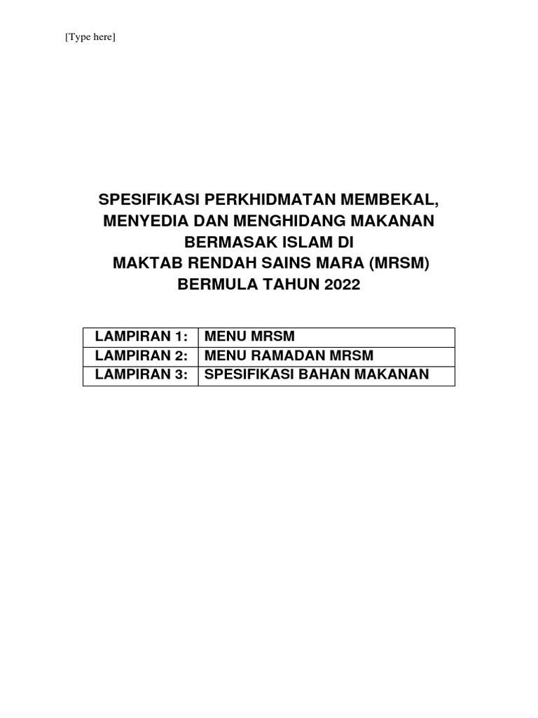Menu Terkini Dewan Selera MRSM Bermula 2022 | PDF