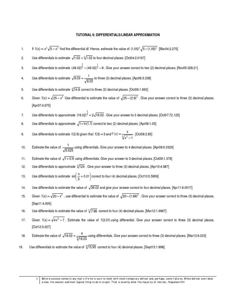 Tutorial 6 Linear Approximation and Differentials | PDF | Mathematics ...