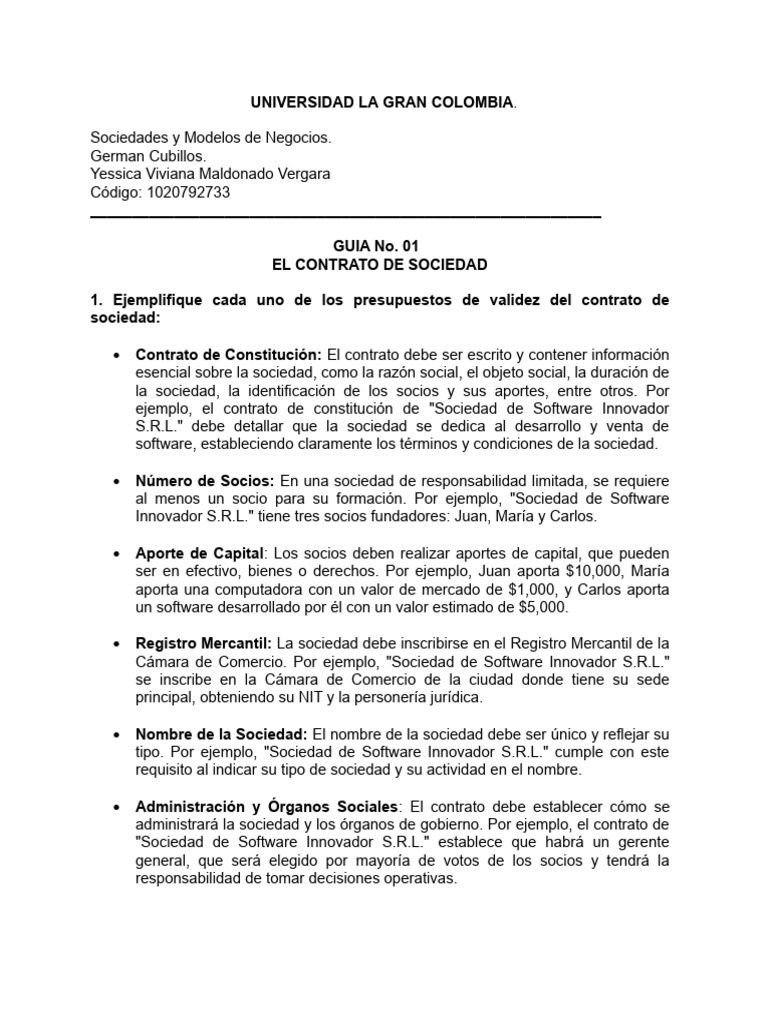 Gestión y Modelos de Negocio Guia No 01 - El Contrato de Sociedad - Ymvm | PDF | Sociedad ...
