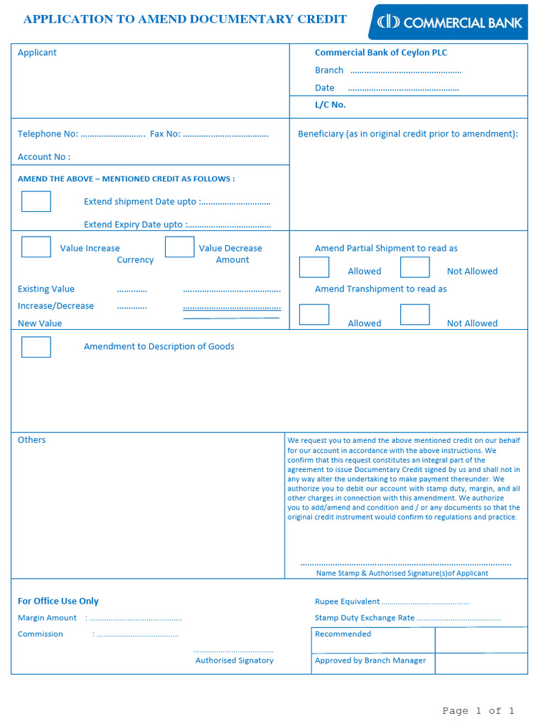 Documentary Credit Amendment Application | PDF | Credit | Finance ...