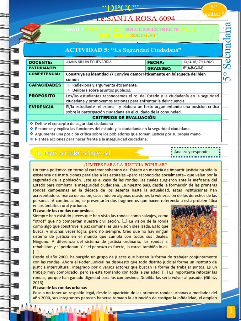 5° DPCC - Actv.05-Unid.7 2023 | PDF | Policía | Valores