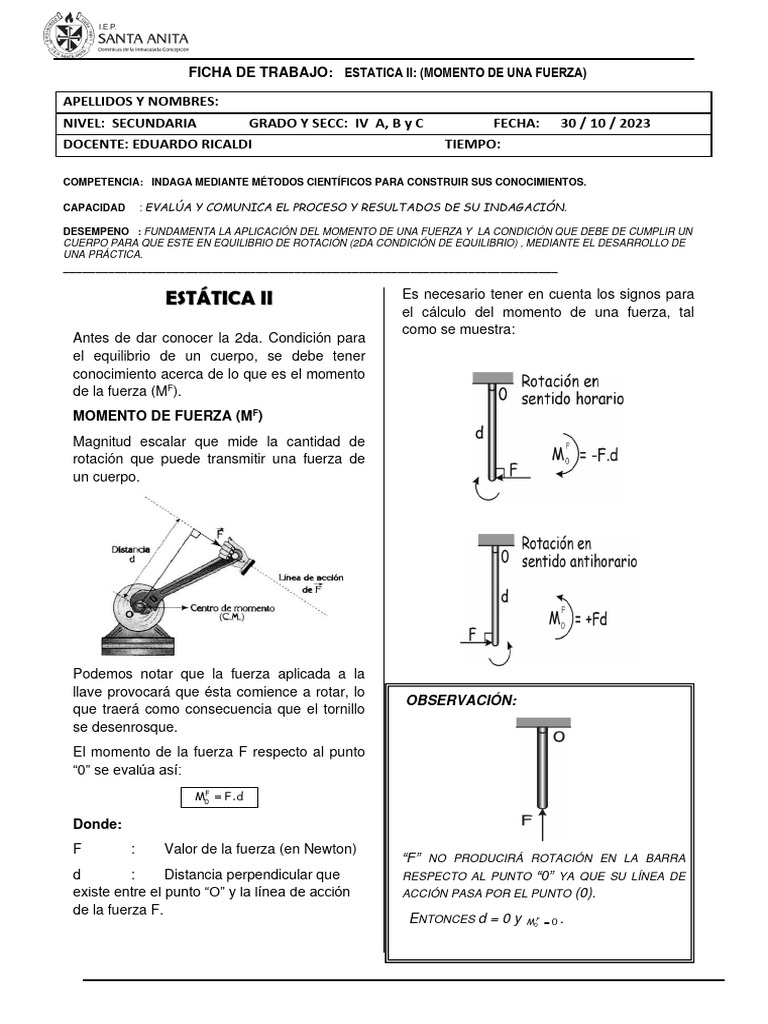 22 Ava Ficha Virtual 4to Sec ( Estatica II - Momento de Una Fuerza ) | PDF | Fuerza | Esfuerzo ...