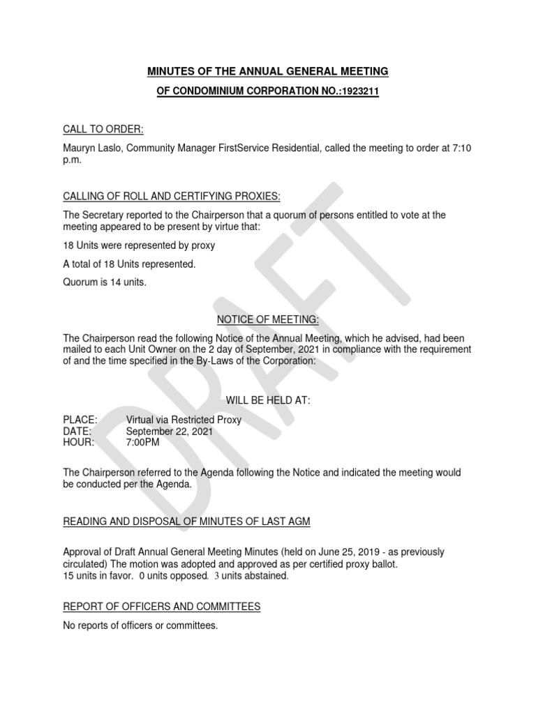 AGM Minutes for Condo Corp 1923211 | PDF | Proxy Voting | Board Of ...