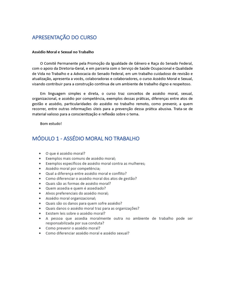 Curso sobre Assédio Moral e Sexual no Trabalho | PDF | Assédio sexual | Crimes