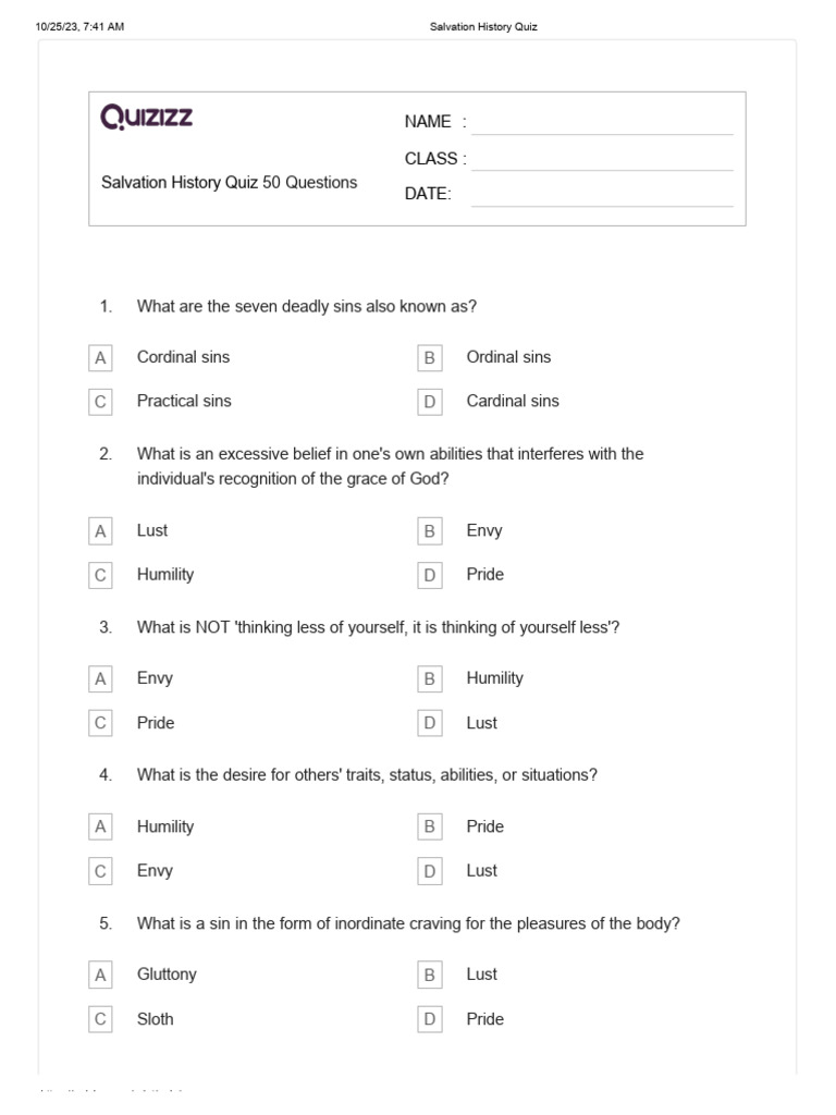 Salvation History Quiz | PDF | Seven Deadly Sins | Cain And Abel