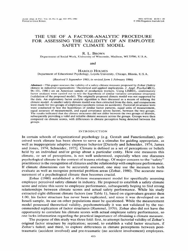 REFERENCIA 3 Safety Climate Model Brown | PDF | Factor Analysis | Validity (Statistics)