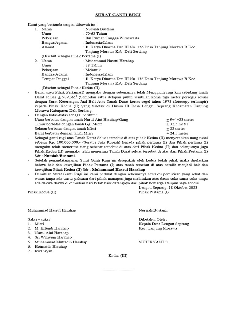 Surat Ganti Rugi | PDF