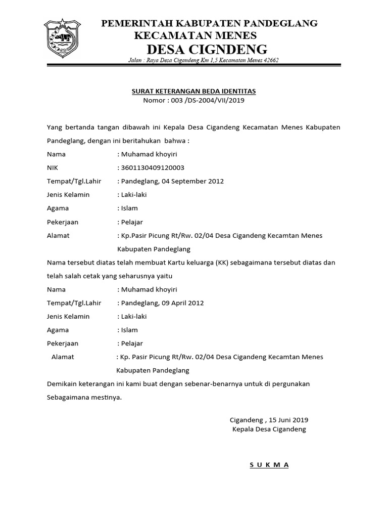 Ket. Beda Nama | PDF