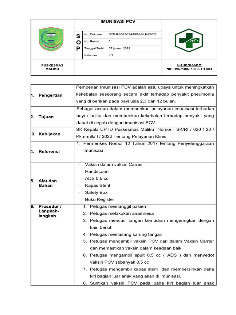 Prosedur Imunisasi Vaksin PCV | PDF