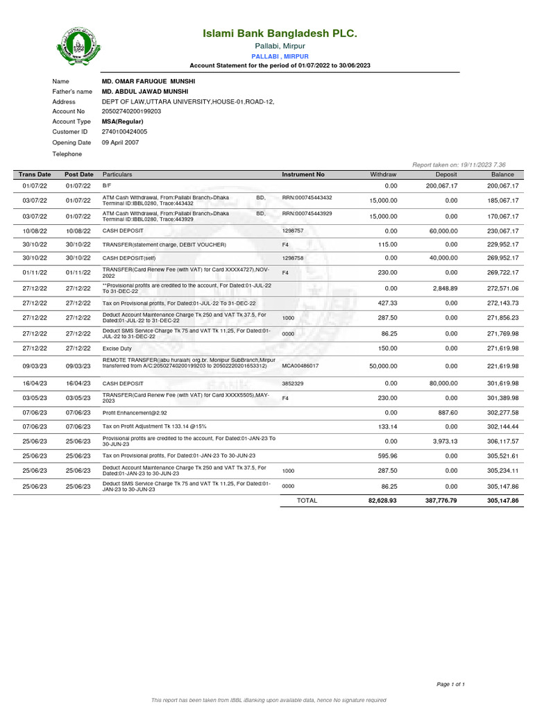 IBBL Bank Statement (FY 2022-2023) | PDF | Value Added Tax | Automated ...