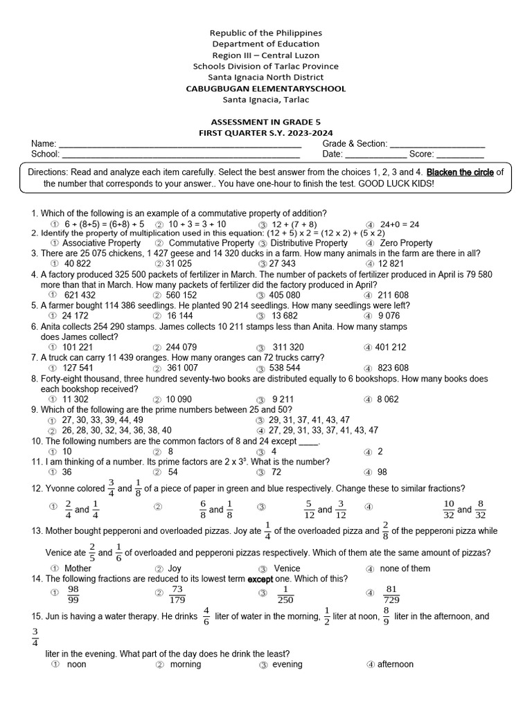 PT - Math 5 - Q1 | PDF | Subtraction | Multiplication