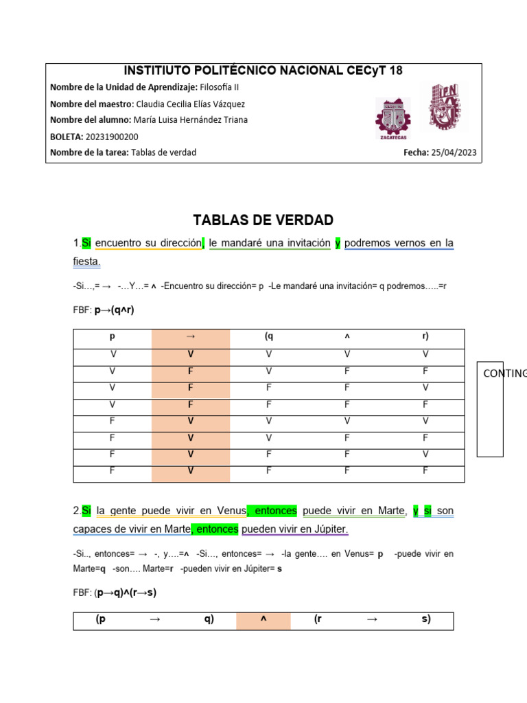 Tarea. Tablas de Verdad | PDF