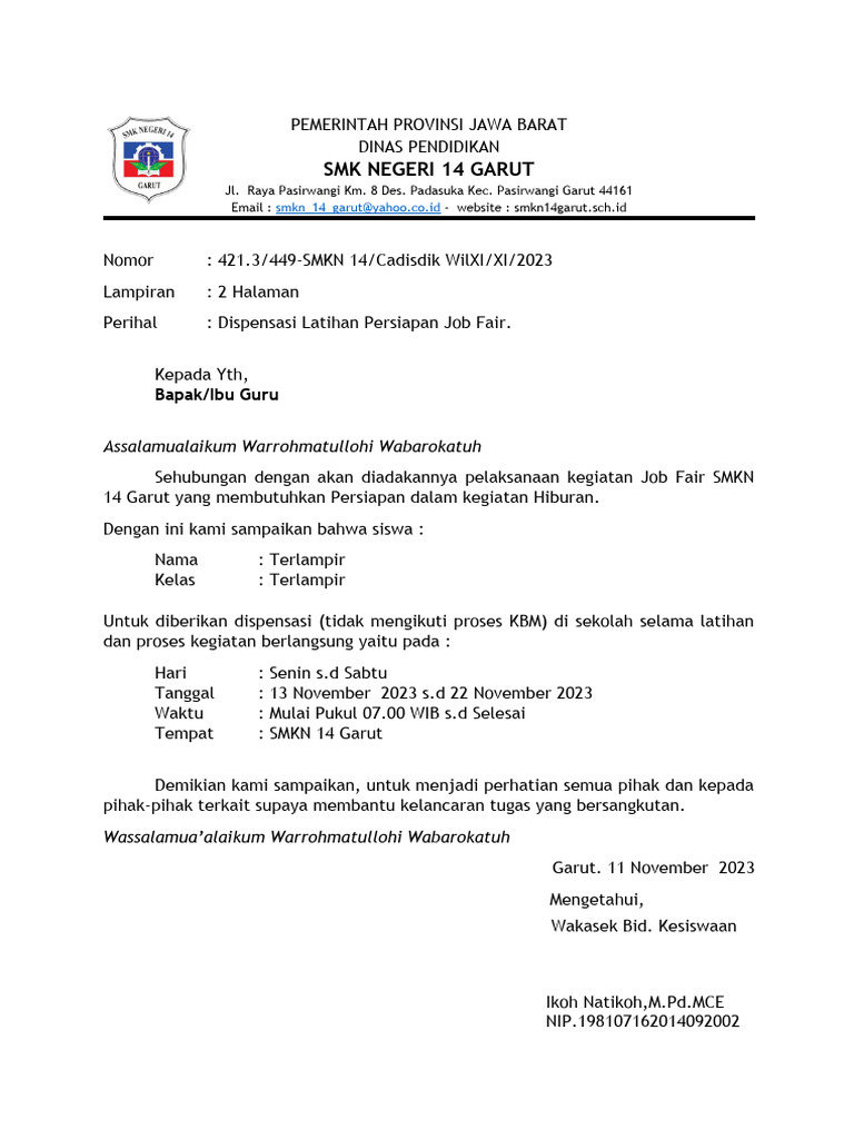 Surat Dispensasi Kegiatan Padus | PDF