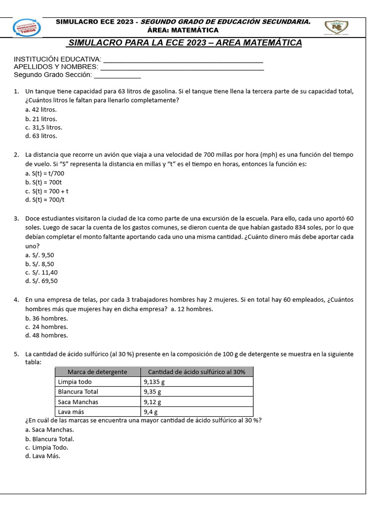 Simulacro Ece 2 de Secundaria 2023 | PDF