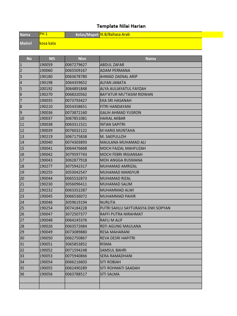 Template Nilai Harian-IX.b-bahasa Arab | PDF