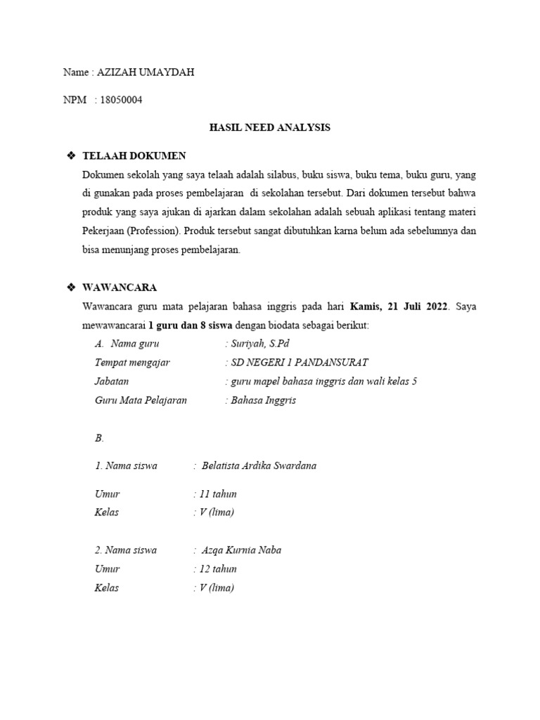 Laporan Need Analysis Azizah | PDF