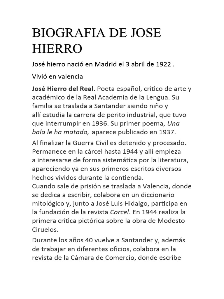 Biografia de Jose Hierro | PDF | Las artes Biografia de Jose Hierro | PDF | Las artes