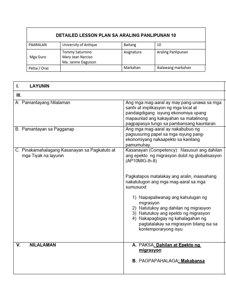 Detailed Lesson Plan Sa Araling Panlipunan 10 - 060335 | PDF