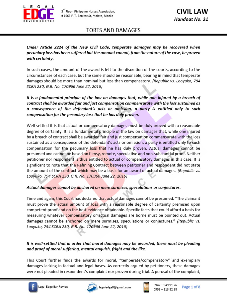 XXX HO#31 - Civil Law - Torts and Damages | PDF | Damages | Negligence