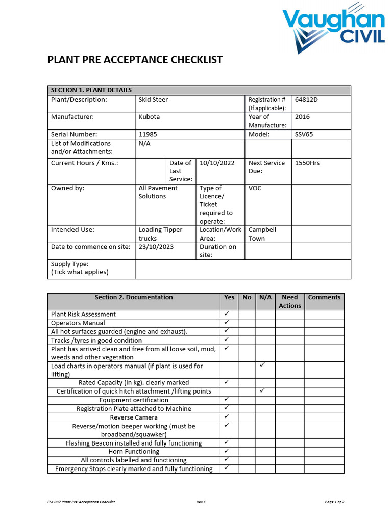 FM-087 Plant Pre Acceptance Checklist - APS042 Skid Steer | Download ...