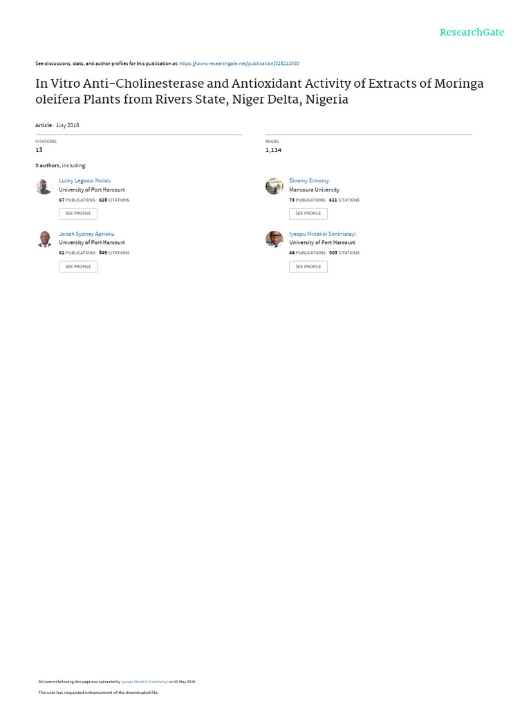 In Vitro Anti-Cholinesterase and Antioxidant Activity of Extracts of Moringa Oleifera Plants ...