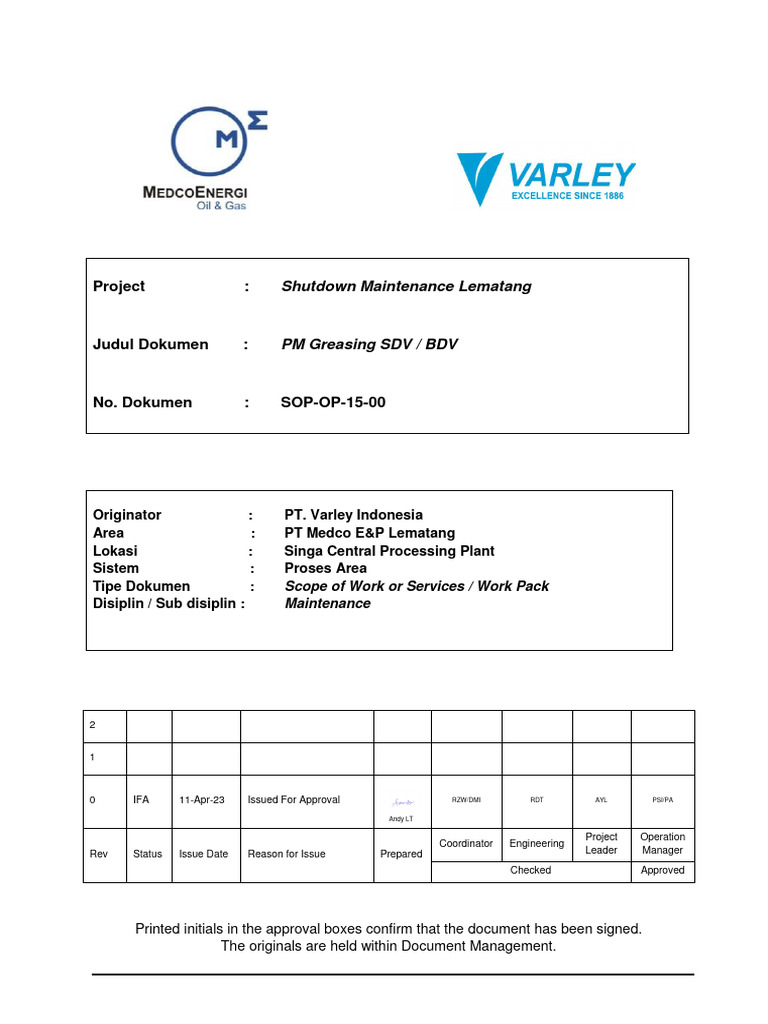 Workpack PM Greasing SDV BDV (Revisi) | PDF