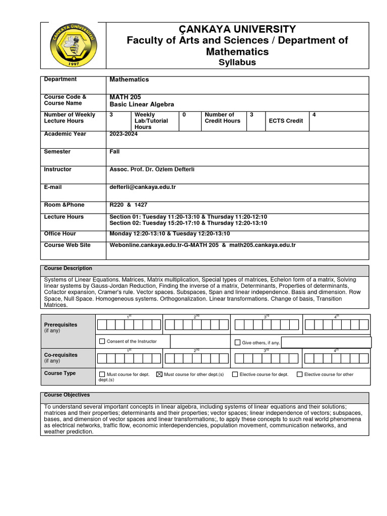 Syllabus Math 205 | Download Free PDF | Matrix (Mathematics) | Linear Map