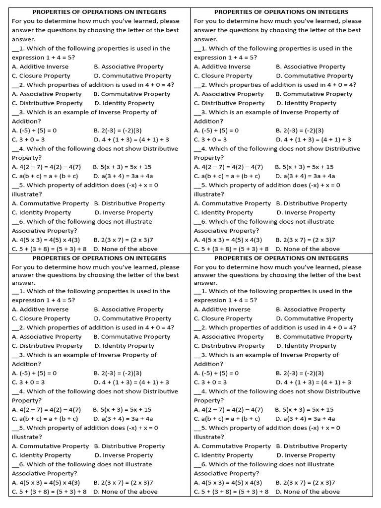 Grade 7 Integer Operations Quiz | PDF | Teaching Methods & Materials