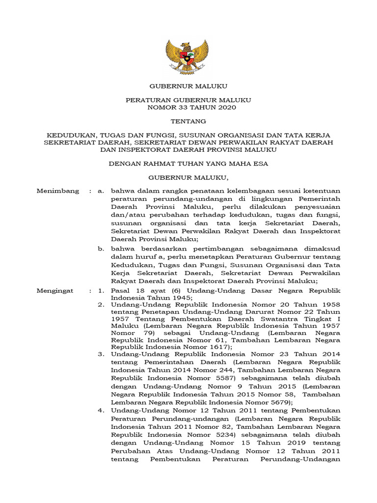 Peraturan Gubernur Maluku Nomor 33 Tahun 2020 | PDF