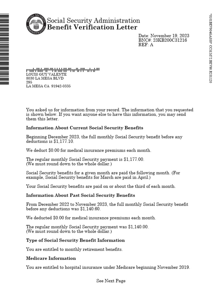 Benefit Verification Letter | PDF | Medicare (United States) | Social ...