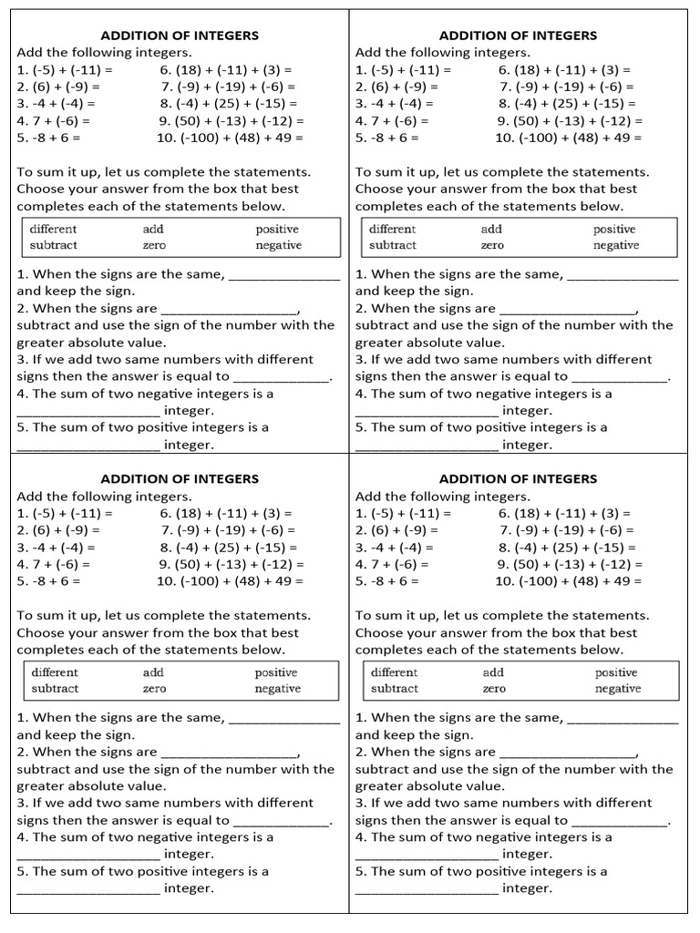 Addition of Integers | PDF | Subtraction | Integer