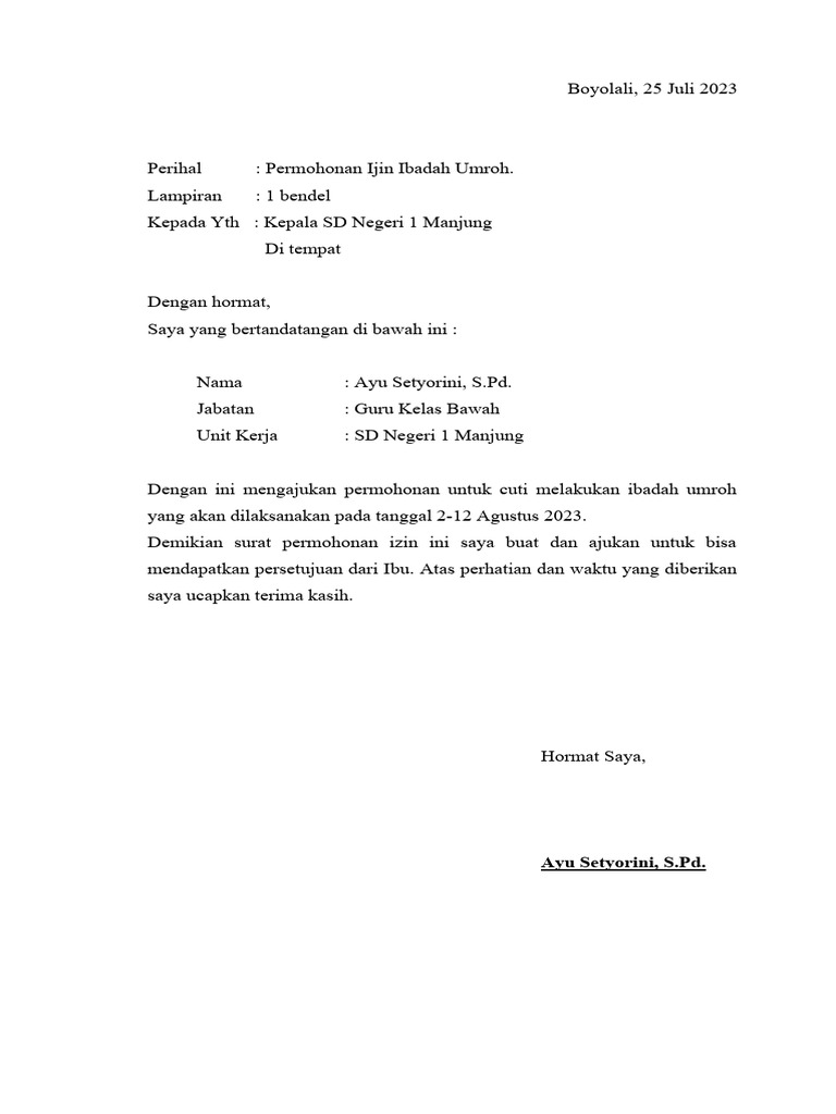 Contoh Surat Permohonan Cuti Umroh | PDF Contoh Surat Permohonan Cuti Umroh | PDF