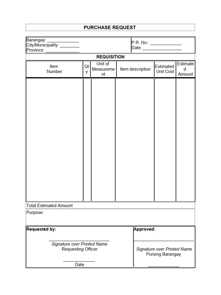 Barangay Purchase Request Form Template | PDF | Finance & Money Management